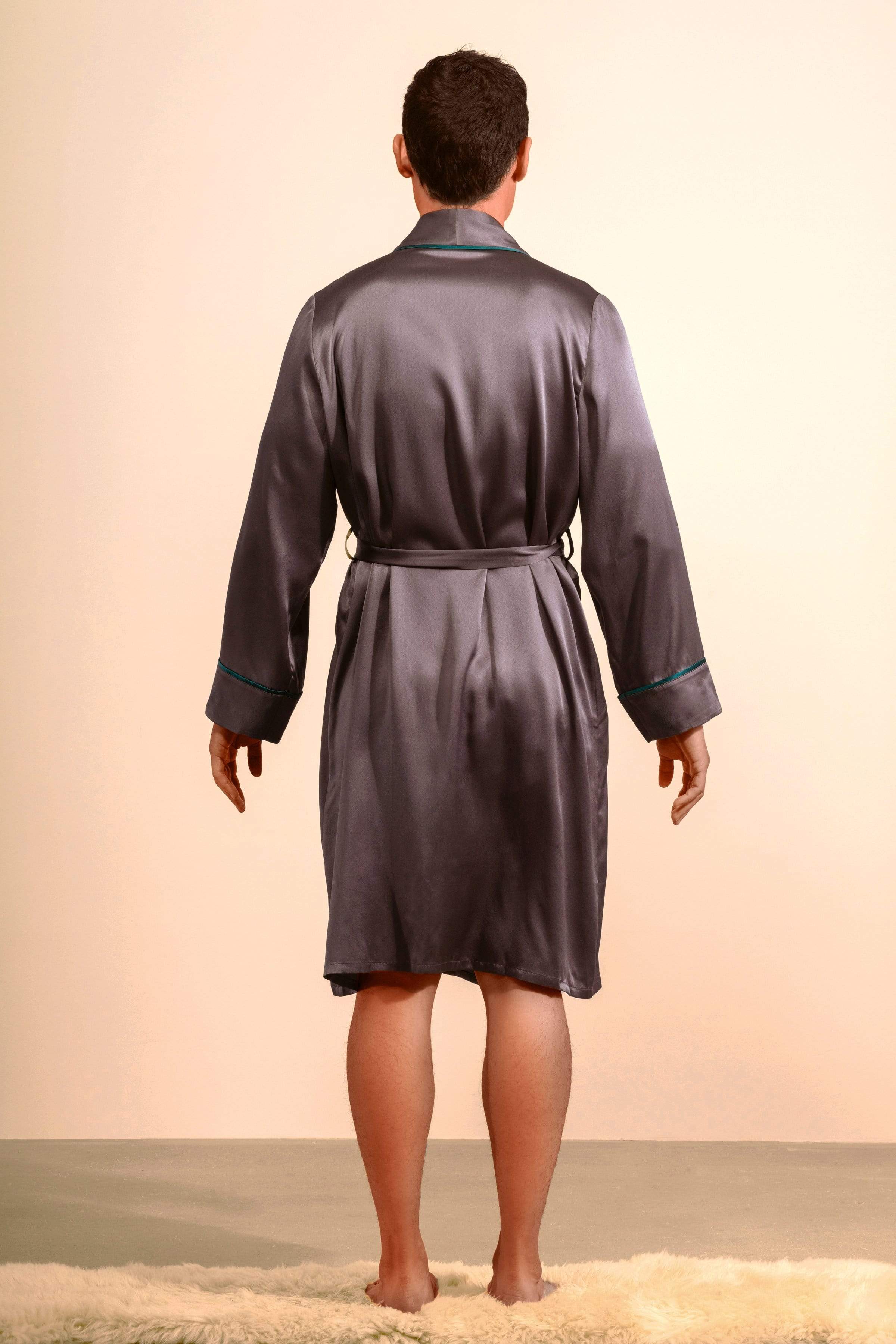 Unisex Silk Midi Smoking Robe- Extended Sizing -Charcoal | MORE SUNDAY