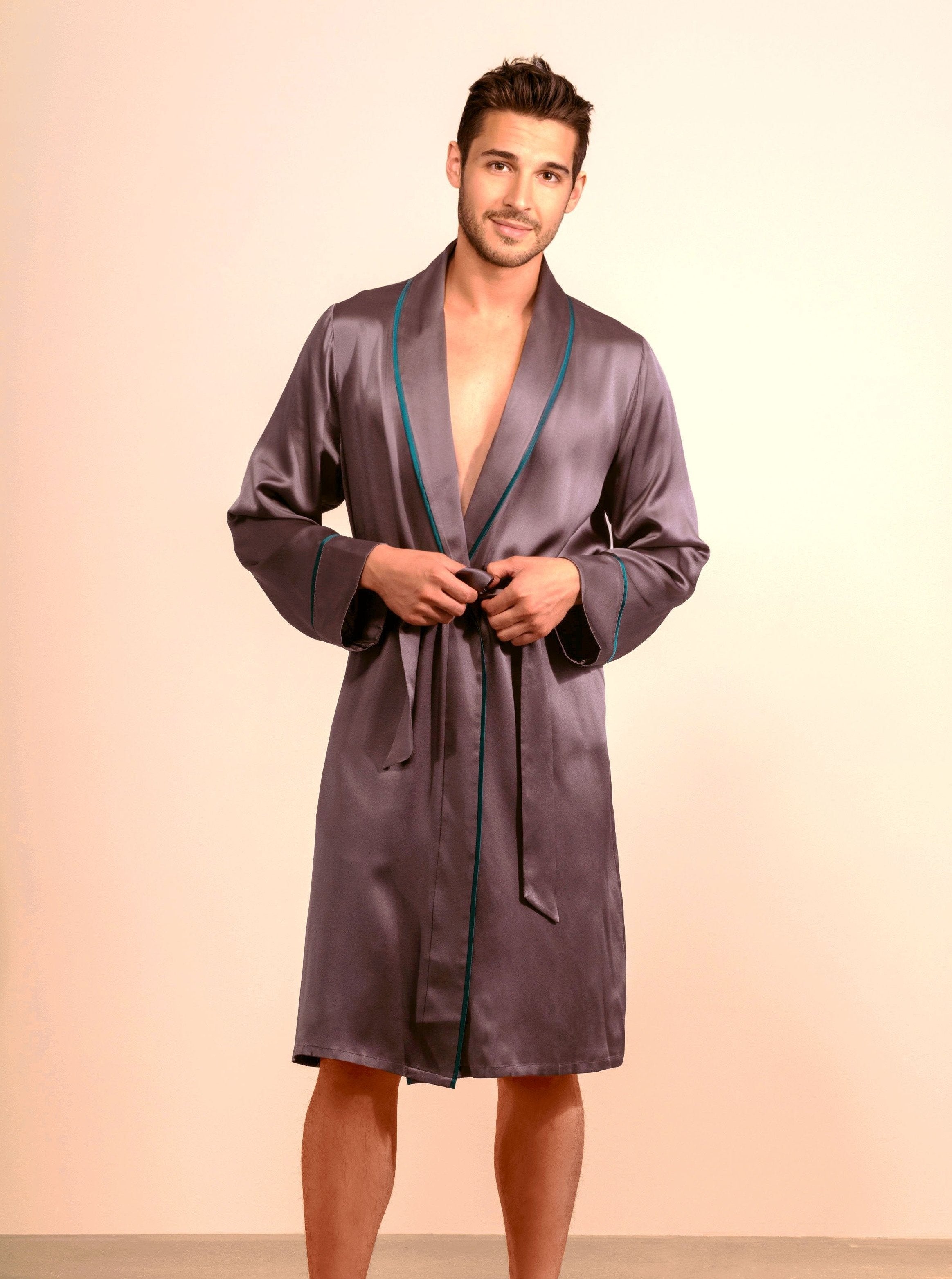 Unisex Silk Midi Smoking Robe- Extended Sizing -Charcoal | MORE SUNDAY